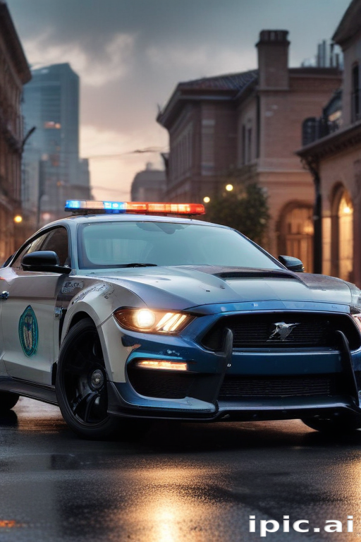 High-Performance Police Car in Urban Setting with Flashing Lights