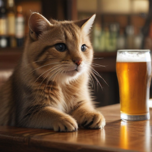 A cat drinking beer at a bar sitting next to a quokka