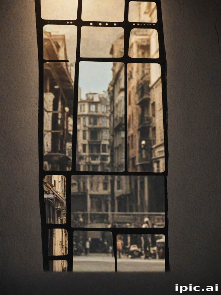 Vintage Cityscape View Through a Unique Architectural Window Frame