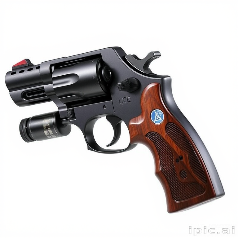 Stylish Revolver with Wooden Grip and Tactical Flashlight Attachment