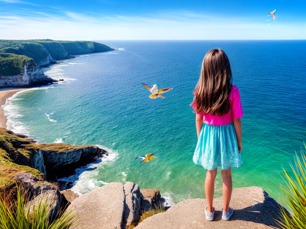 beautiful girl looking over the ocean from a sea side cliff, colorful ...