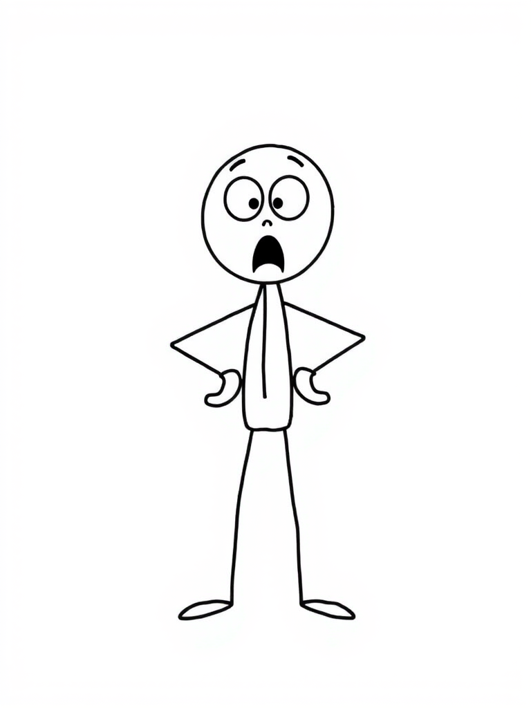 A Surprised Stick Figure with Hands on Hips and Wide Eyes.