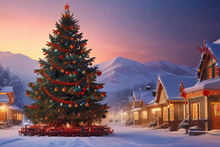A Magical Winter Evening with a Beautifully Decorated Christmas Tree Scene.