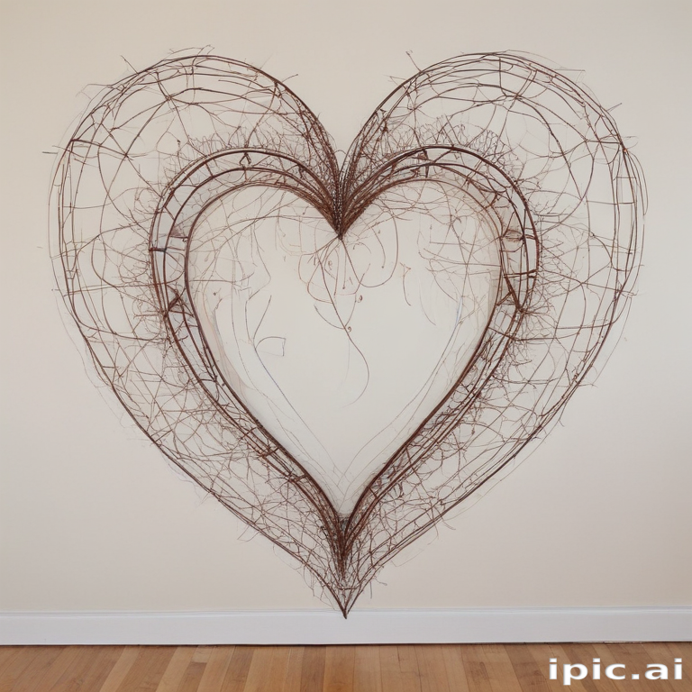 Intricate Wire Sculpture of a Heart Displayed on a White Wall