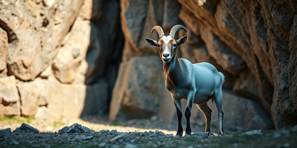 create a high-resolution image of a goat standing near a rocky outcrop ...