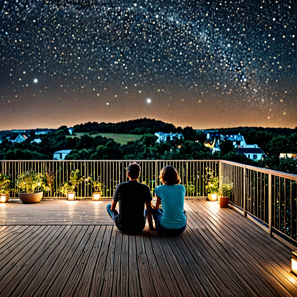 carton couple doing star gazing on terrace