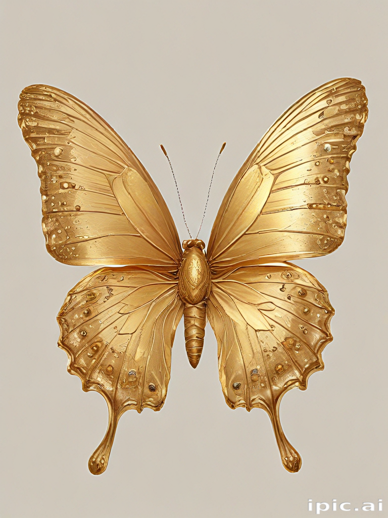 Elegant Golden Butterfly with Intricate Details and Shimmering Droplets