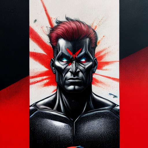 black and red villain flying out of a city