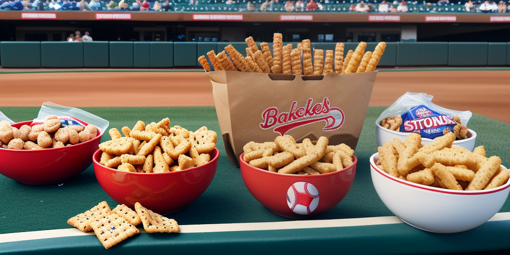 Delicious Snack Spread Featuring Various Crunchy Treats at a Baseball Game