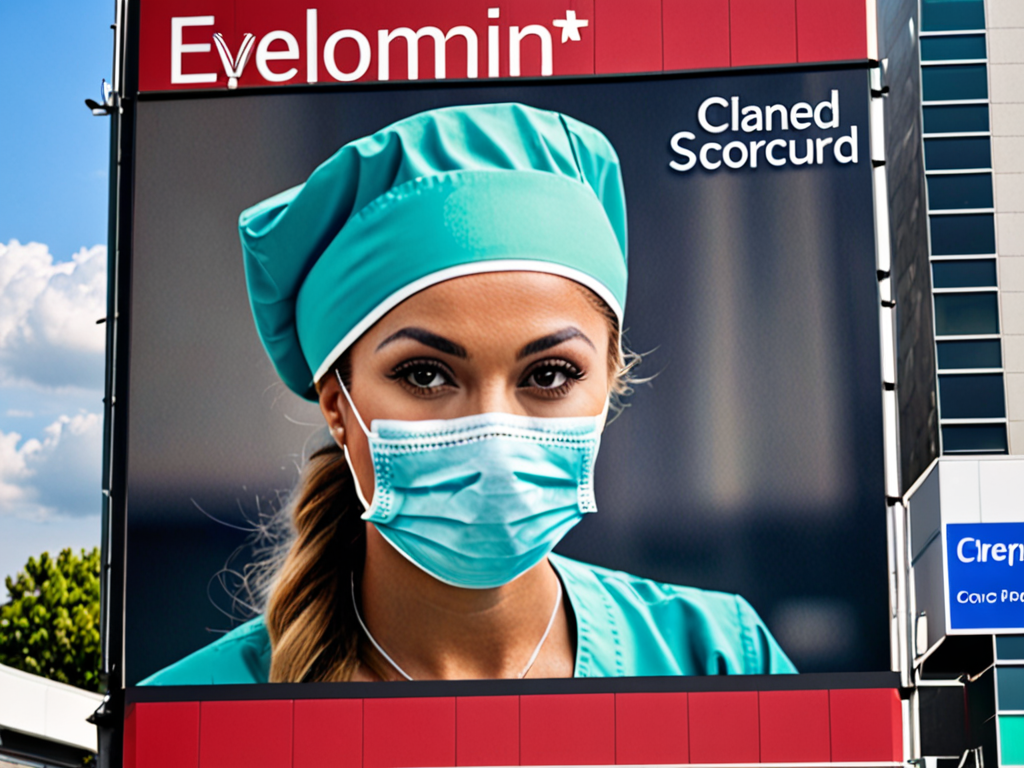 A PICTURE OF A NURSE ON A BILLBOARD THAT SAYS BEYOND CARE SCRUBS