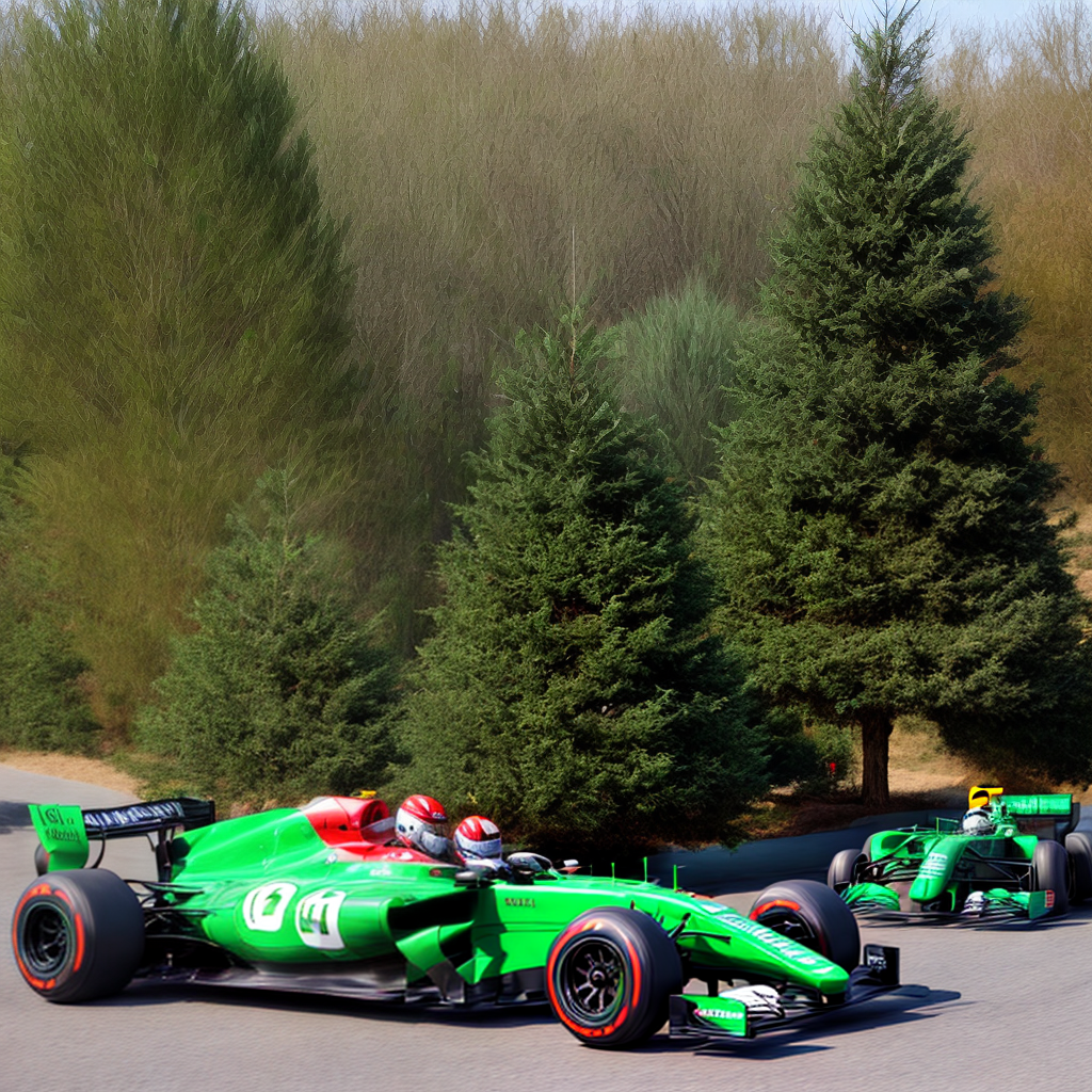racing formula green car on christmas with santa & decorated trees with ...