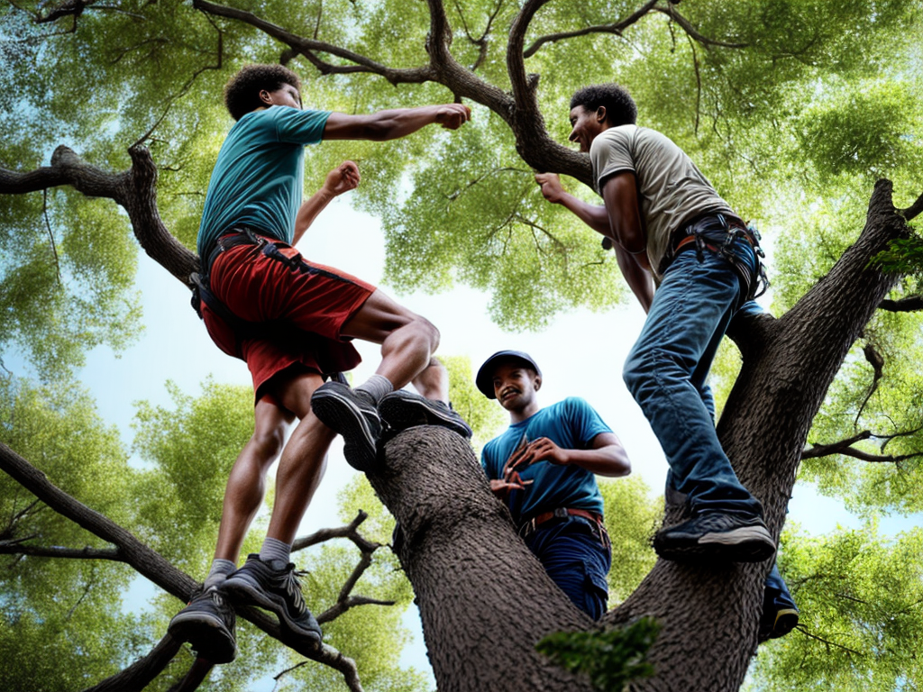 Two guys helping each other to climb a tree