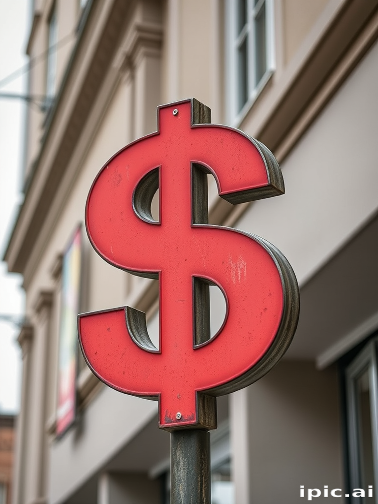 Bright Red Dollar Sign Standing Tall Outside a Modern Storefront