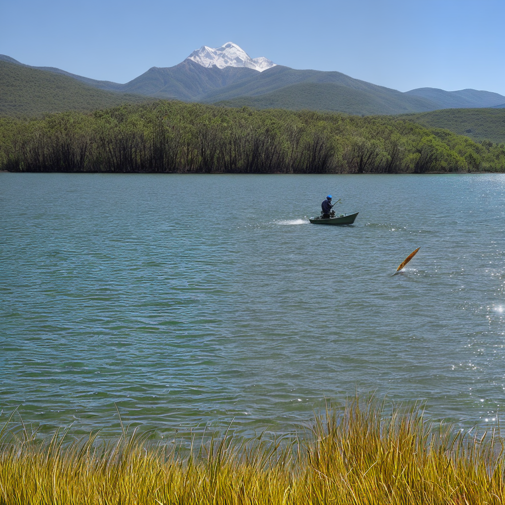Yeti smoking a cigar reeling in a fish at a lake