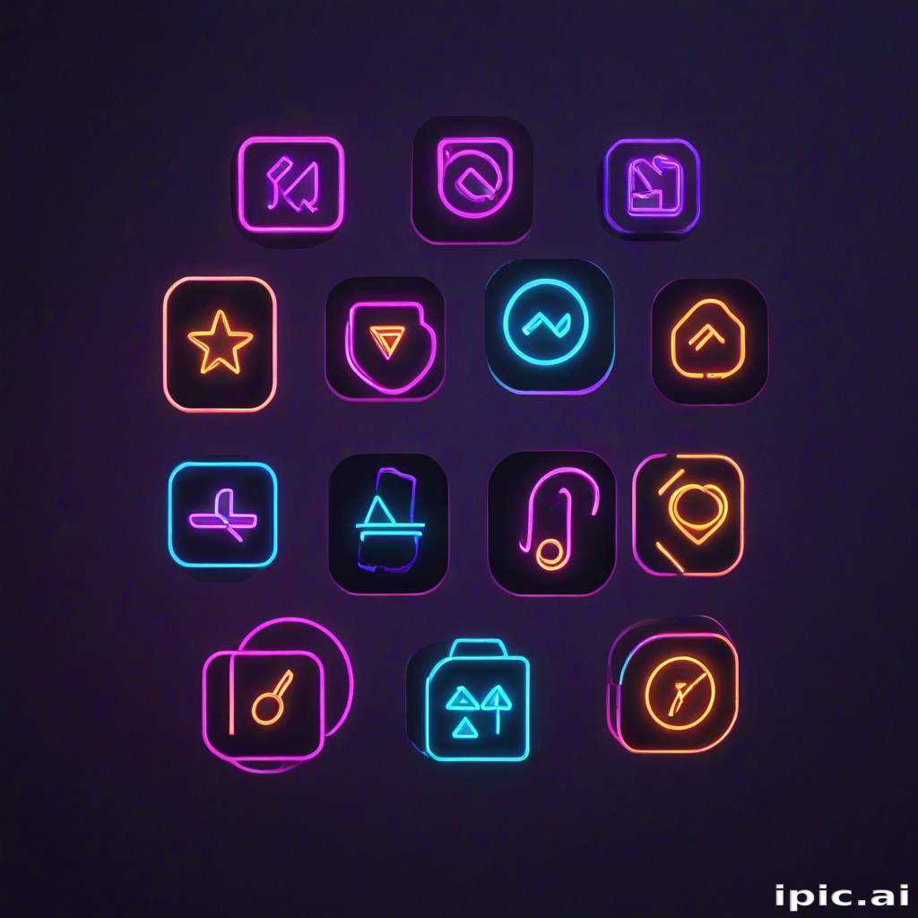 Collection of Colorful Neon Icons on a Dark Background Displaying ...
