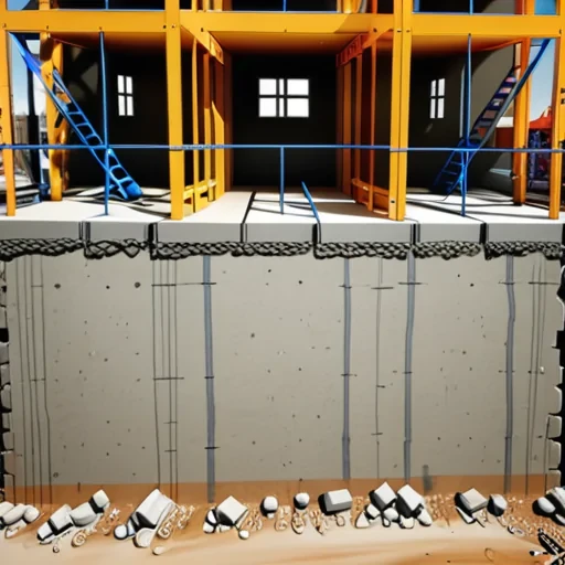 Construction Site with Foundation Excavation and Structural Framework ...