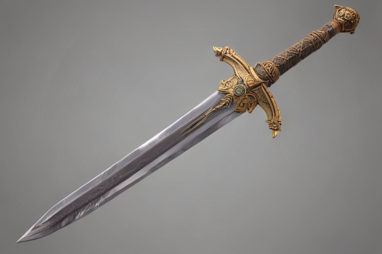 Intricately Designed Sword with Ornate Golden Hilt and Detailed Blade