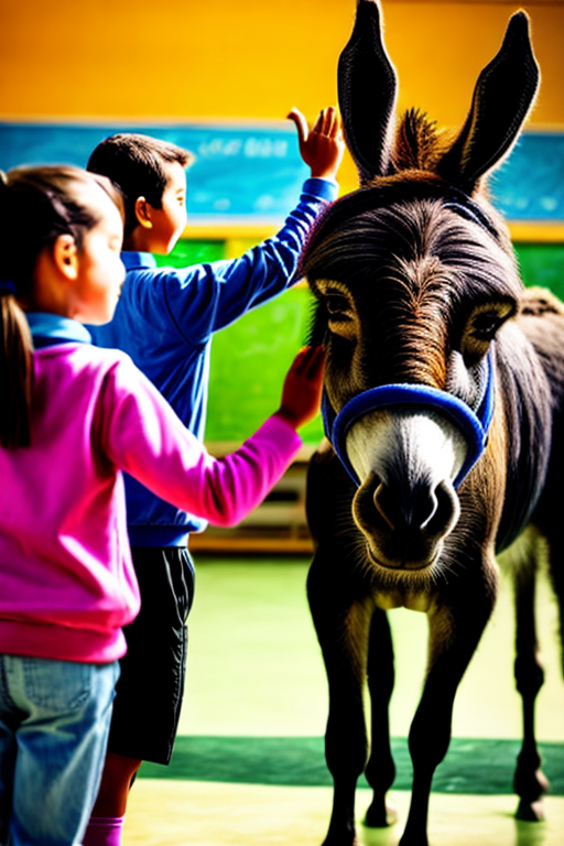 a donkey dancing with students in school