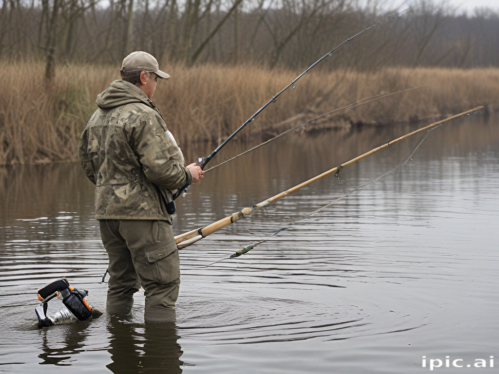 A Fisherman Standing in Shallow Water with Multiple Fishing Rods Ready ...