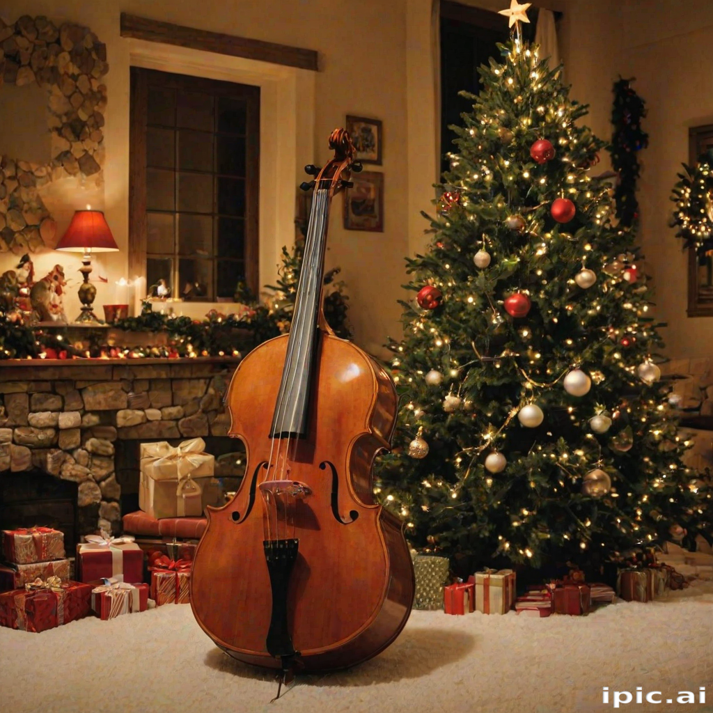Elegant Cello Standing Beside a Festively Decorated Christmas Tree