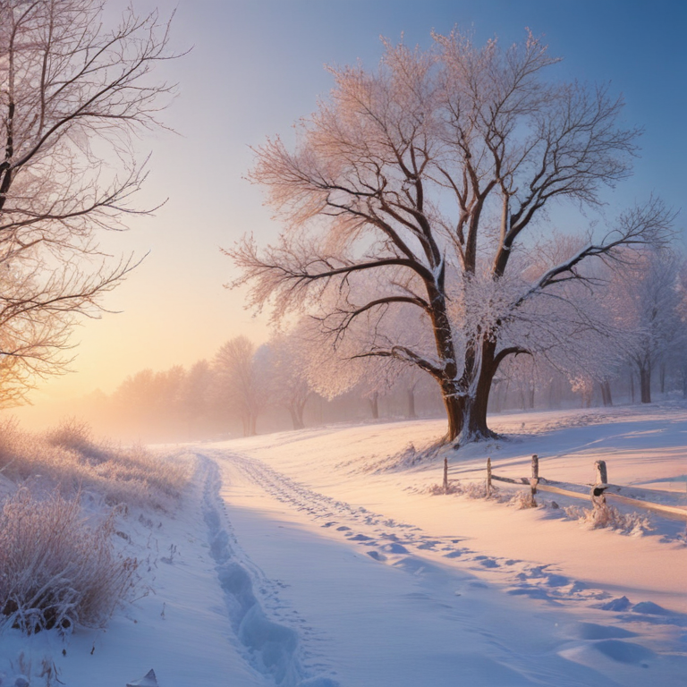 A Serene Winter Landscape Bathed in Soft Morning Light and Snow.