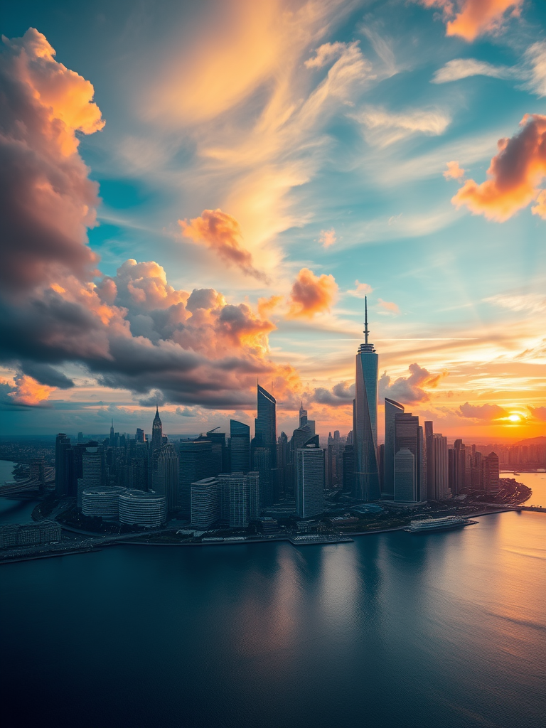 futuristic city skyline at sunset with dramatic clouds, reflecting on ...