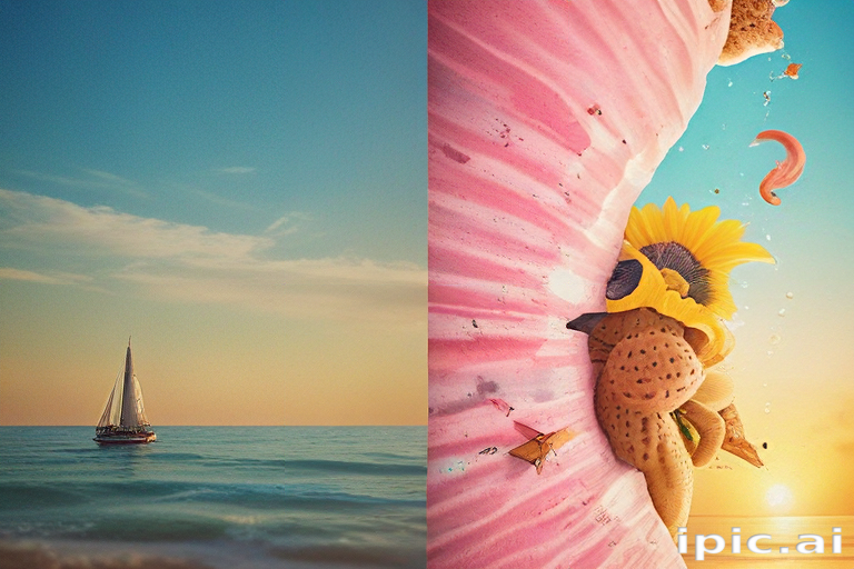 Dreamy Sunset Over Calm Ocean with Whimsical Ice Cream Fantasy Scene