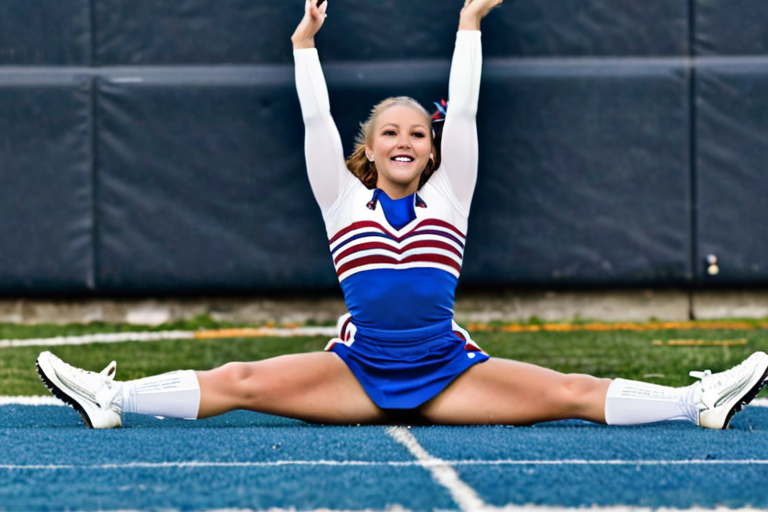 cheerleader laying on back, legs spread apart, arms in are, large chest