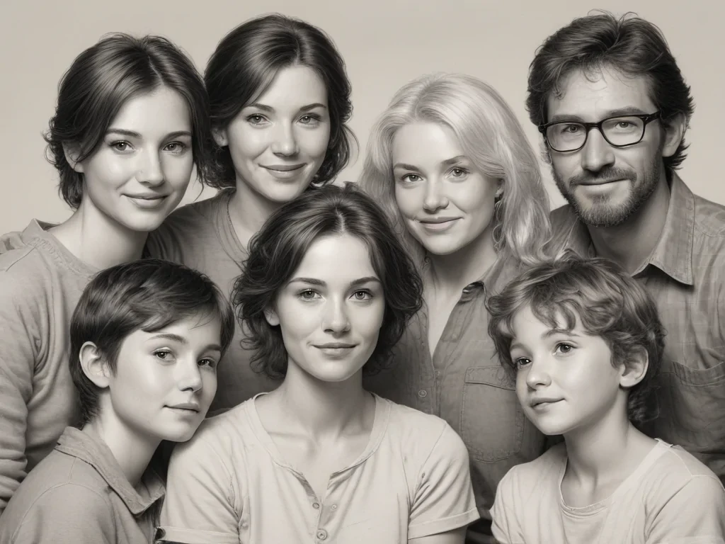 A Warm Family Portrait Featuring Eight Smiling Faces in Soft Lighting.