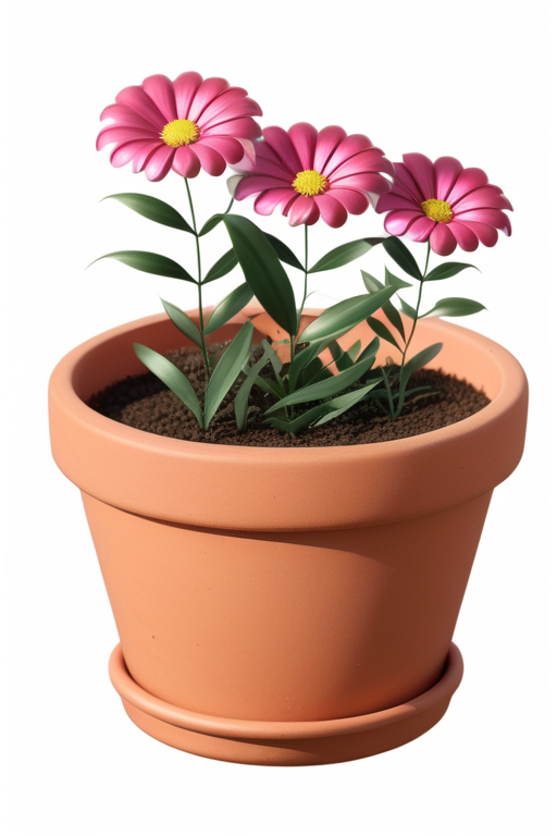 Beautiful Pink Flowers Blooming in a Terra Cotta Pot with Fresh Soil