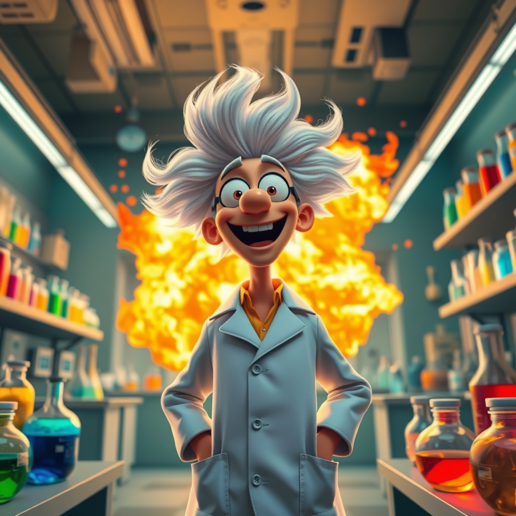 Excited Scientist in Lab with Explosive Chemistry Experiment and ...