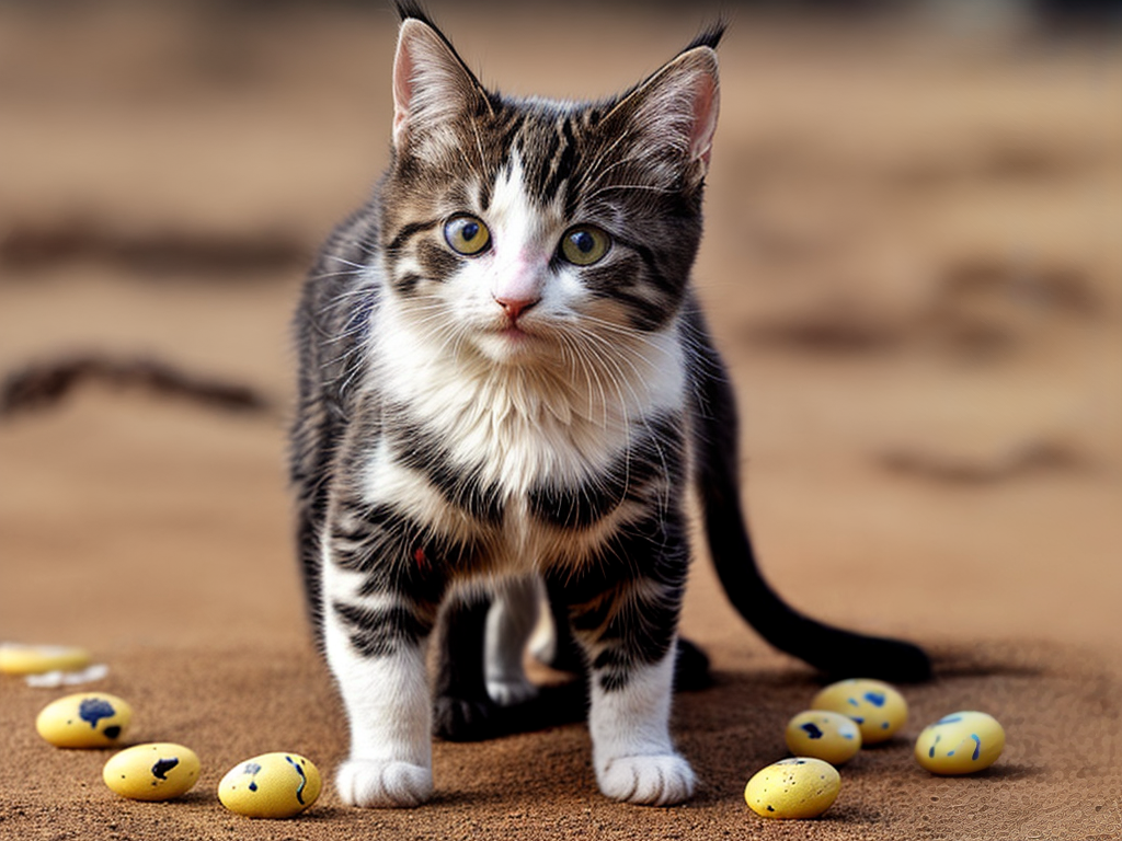 Generate a picture of a kittens crawling out of broken egg shells ...