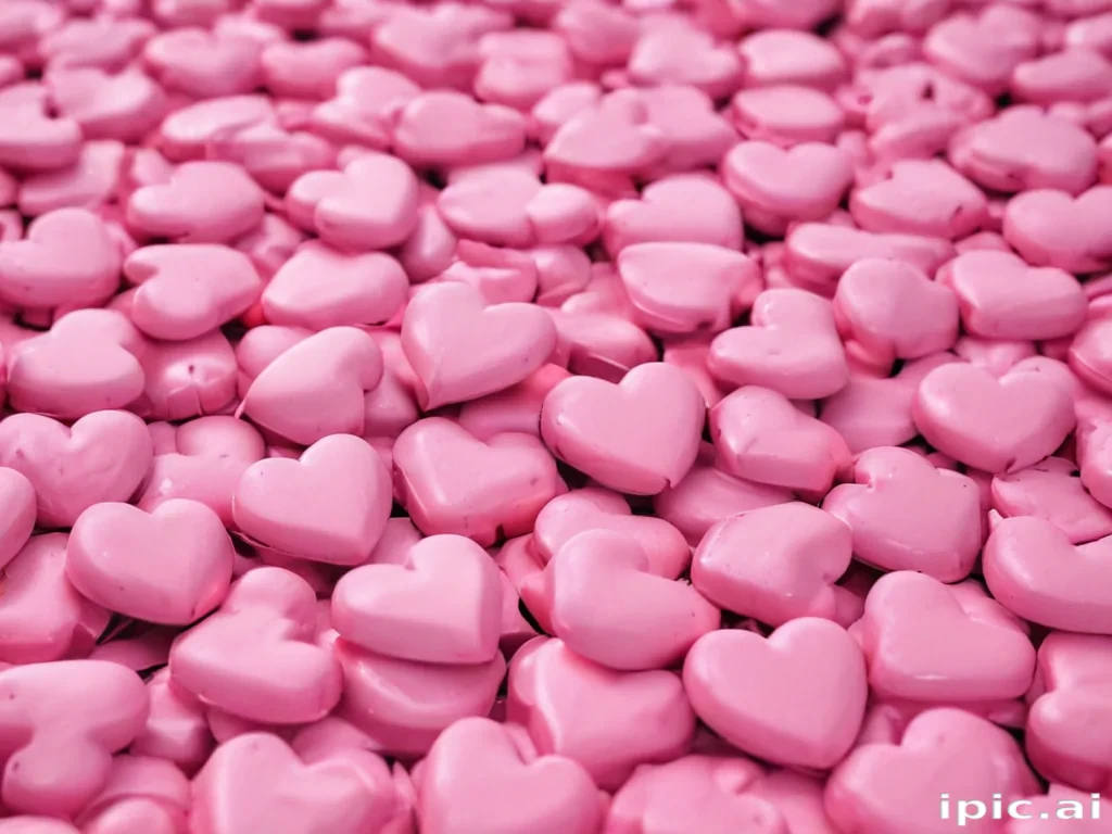 Vibrant Pink Heart-Shaped Candies Spread Across a Colorful Background