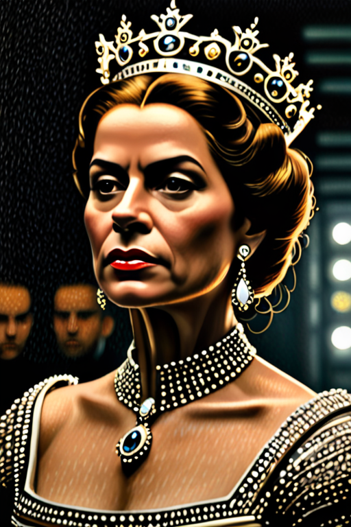 realistic queen looking downward in a dark room