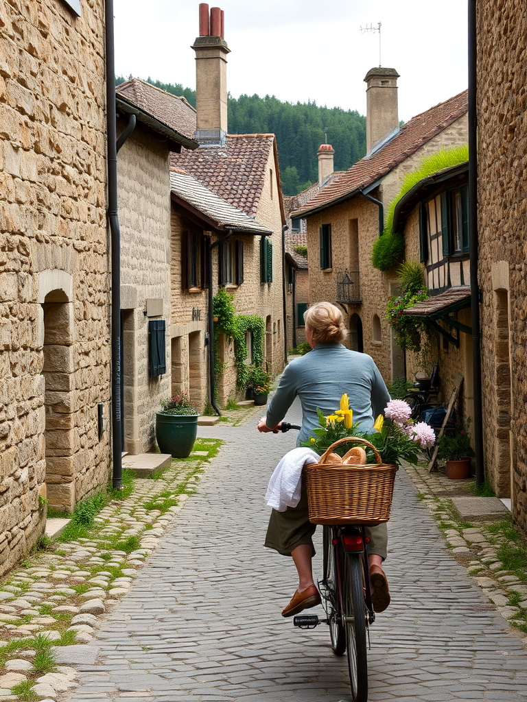 A Serene Bicycle Ride Through a Quaint Village with Flower Basket.