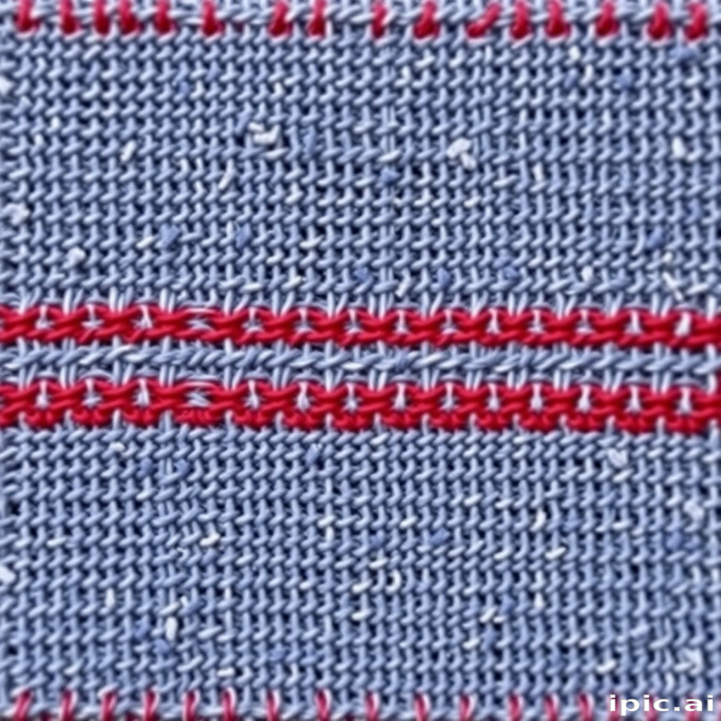 A Close-Up View of Blue Fabric with Red Stitching Details and Texture.