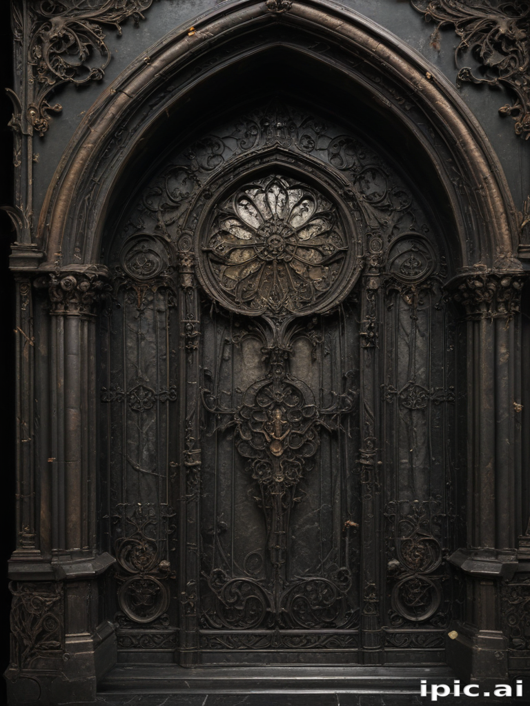 Intricately Designed Gothic Doorway with Ornate Patterns and Dark Finish.
