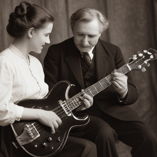 Marie curie and ernest rutherford playing the electric guitar