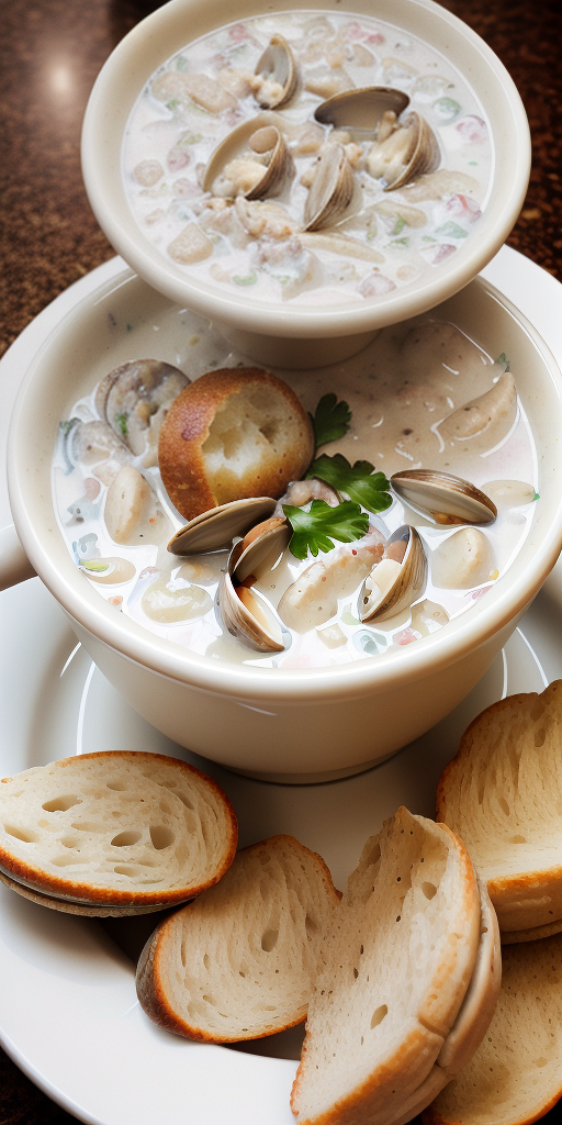 A Delicious Bowl of Clam Chowder Served with Fresh Bread Slices.