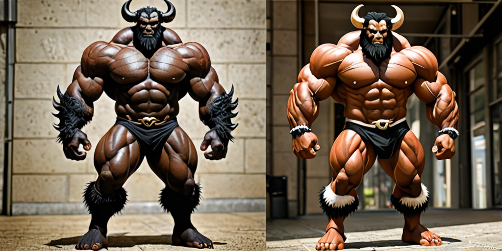 huge muscular black and fat black minotaur, veiny muscles, hairy, bald, beard, evil eyes, 2d ...
