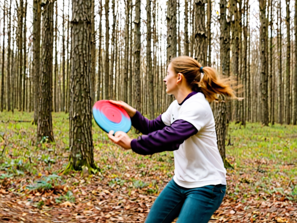 a person throwing a frisbee fast and straight through the woods
