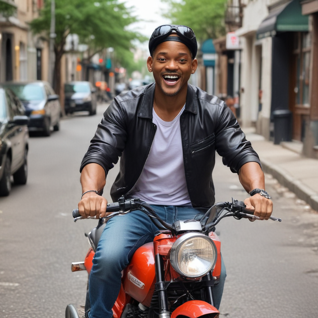 Will Smith is so happy because he is riding a moped on the streets