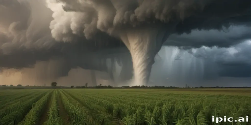 Powerful Tornado Touches Down Over Fields Under Dark Stormy Skies