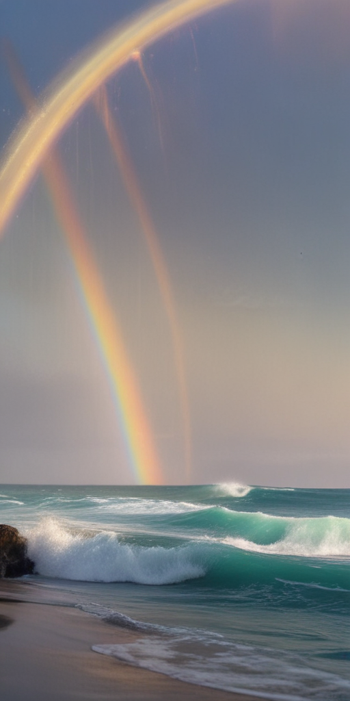 Stunning Coastal Scene Featuring Vibrant Double Rainbow Over Gentle Ocean Waves