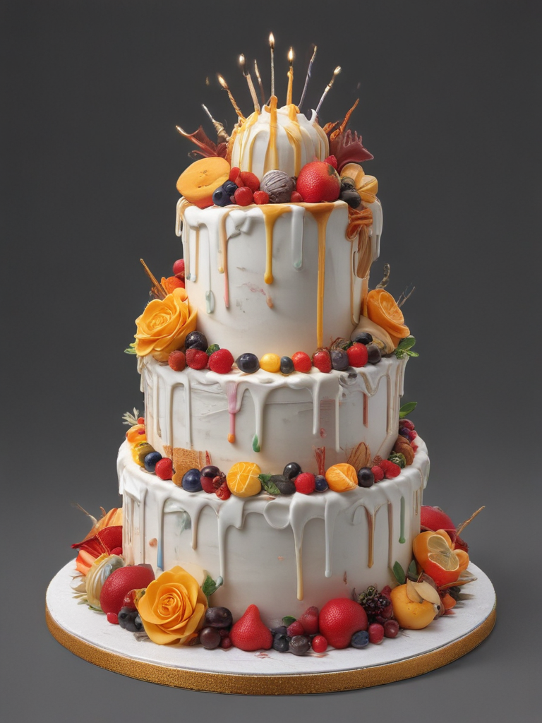 A Stunning Three-Tiered Cake Decorated with Fresh Fruits and Candles