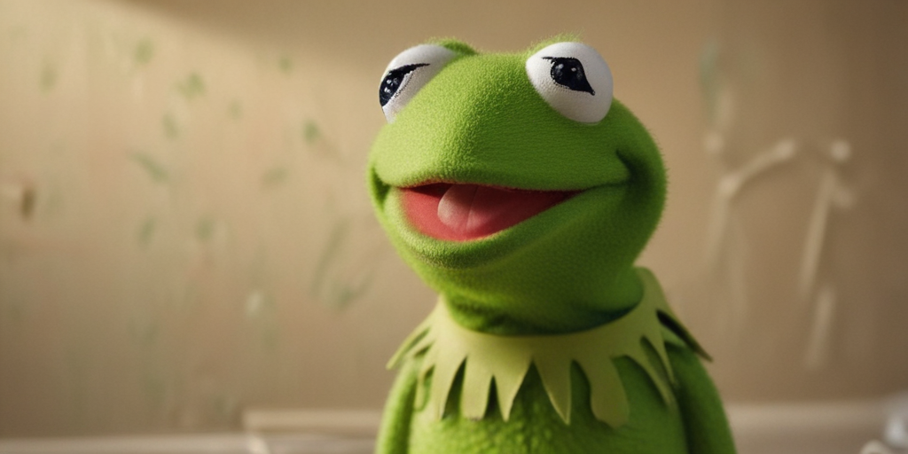 A Joyful Green Puppet Smiling Brightly in a Lightly Painted Room