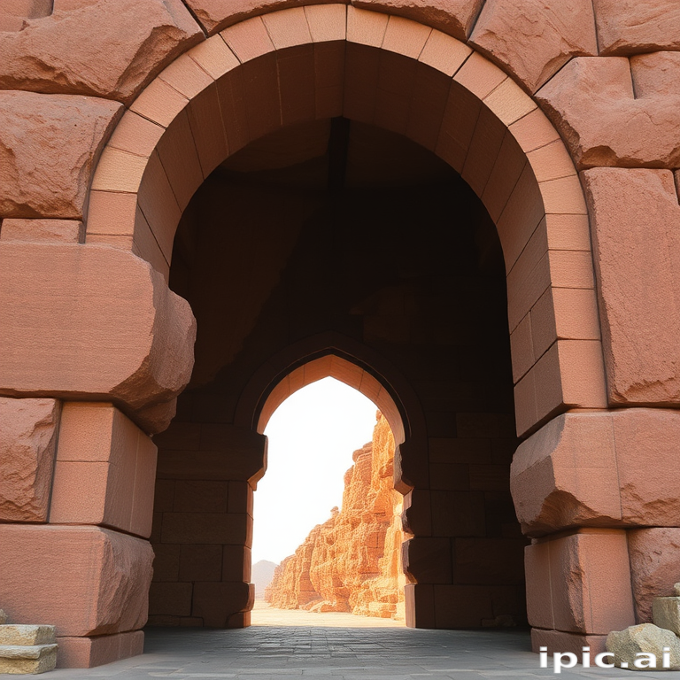 Intricate Archway Framing a Majestic Landscape Beyond in Warm Tones