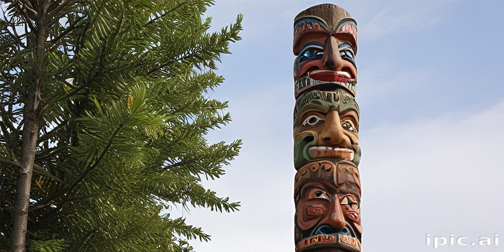 Colorful Totem Pole Standing Tall Among Lush Greenery Under Blue Sky