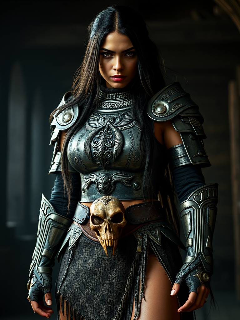 Warrior Princess in Intricate Armor with a Skull Motif Stands Proudly
