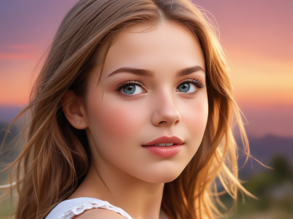 Captivating Portrait of a Young Woman Against a Stunning Sunset Background